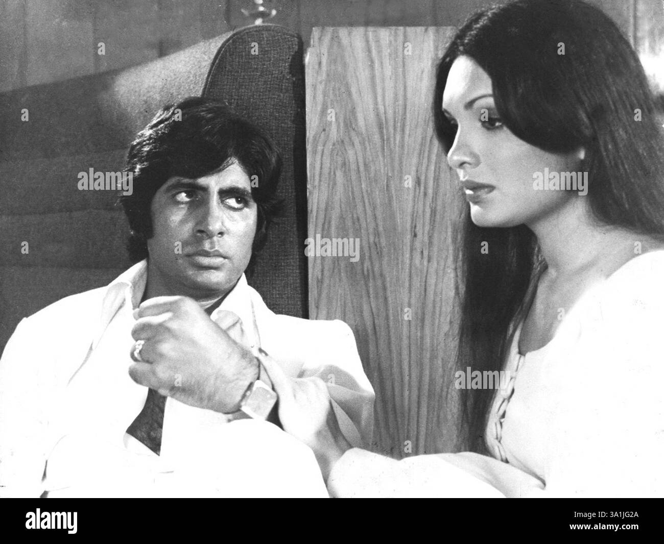Film still from Yash Chopra's Deewar, South Asian Indian actor Amitabh Bachchan and late Parveen ...