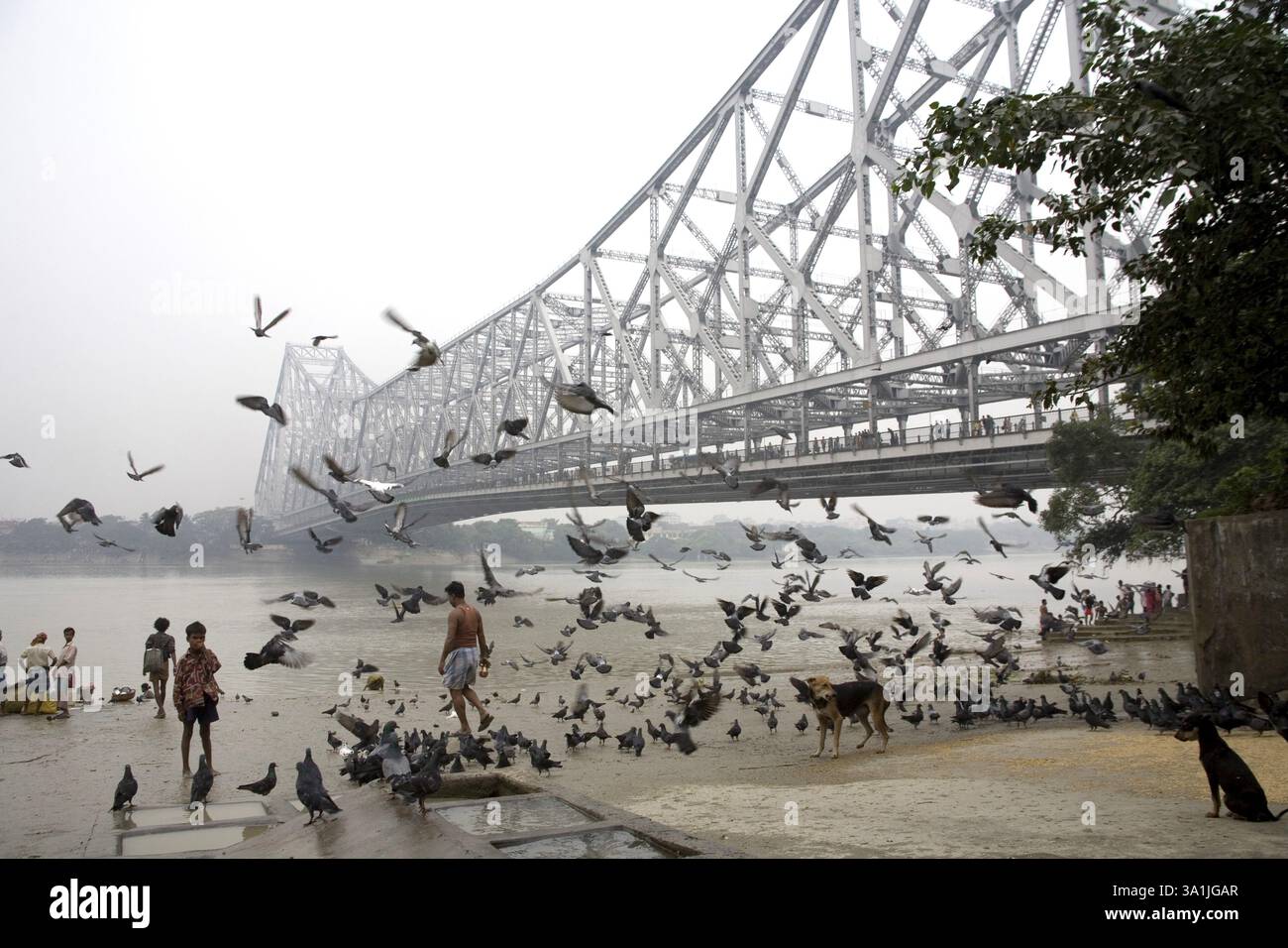 Activities on Babu ghat, Howrah bridge over Hooghly river in background ...