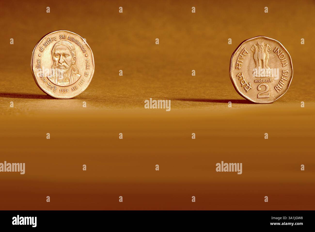 Double pair Indian currency two rupees coin front side and backside ...