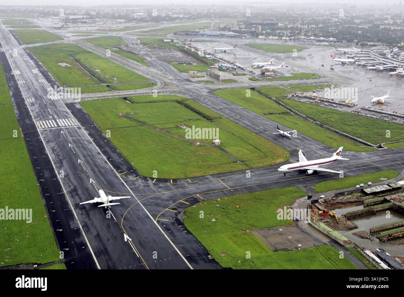 An aerial view runways and aircrafts at the Mumbai's Chhatrapati ...