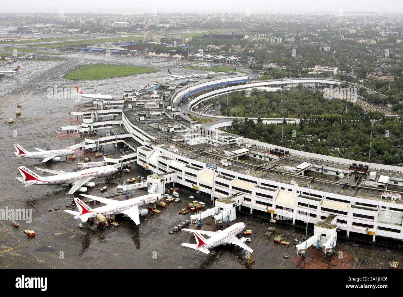An aerial view of Air India aircrafts parked and runways at airport of ...