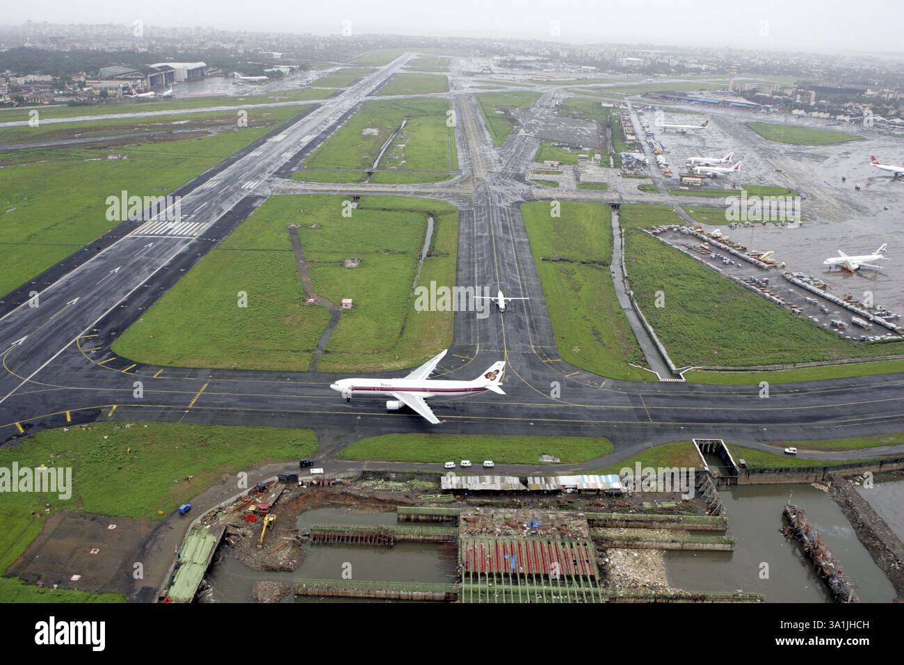 An aerial view runways and aircrafts at the Mumbai's Chhatrapati ...