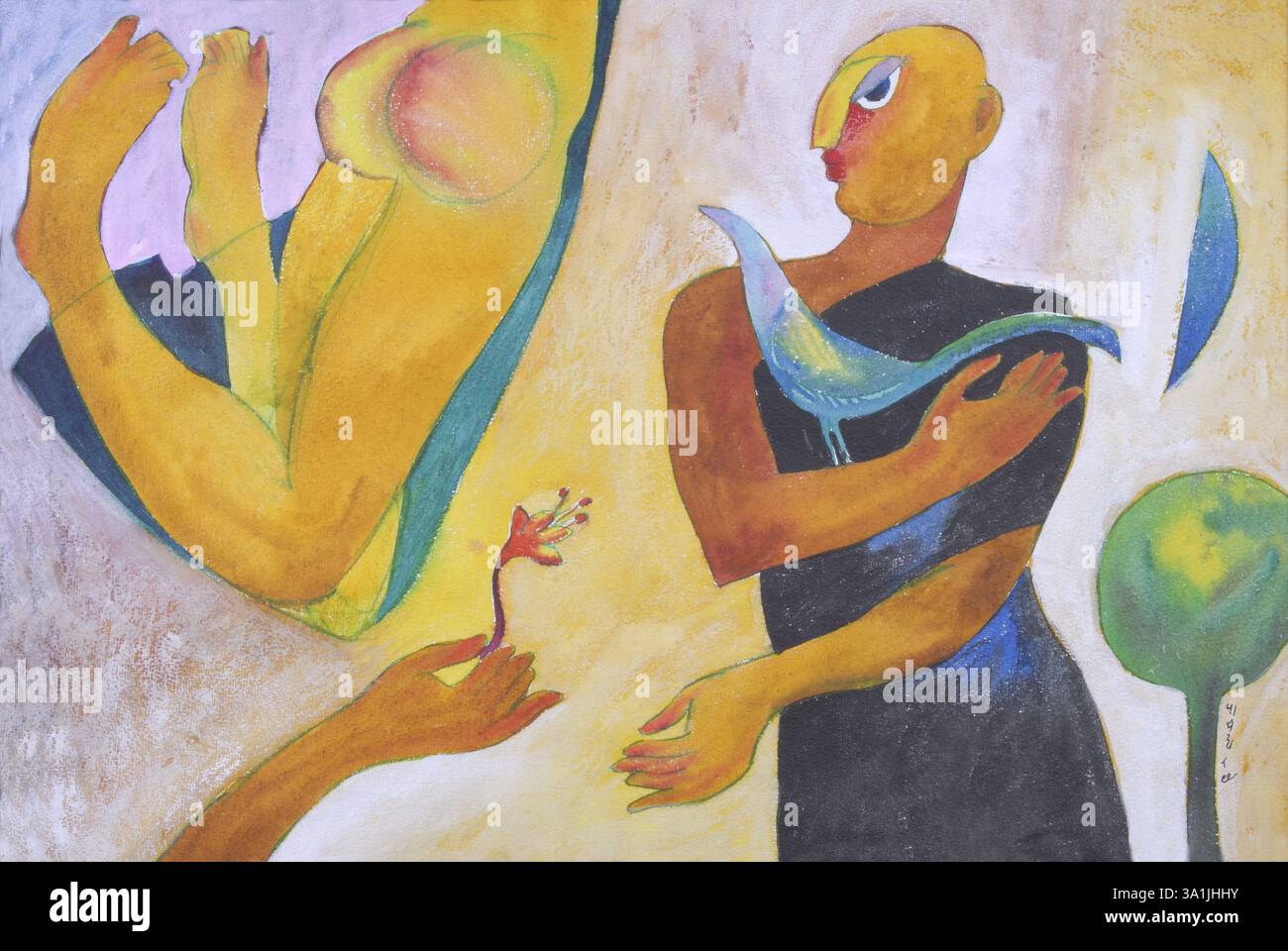 Offering man with bird watercolor on handmade paper Stock Photo - Alamy