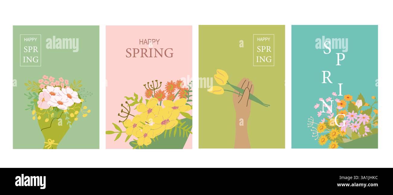 Spring floral cards with bouquet designs and hand holding flowers Stock ...