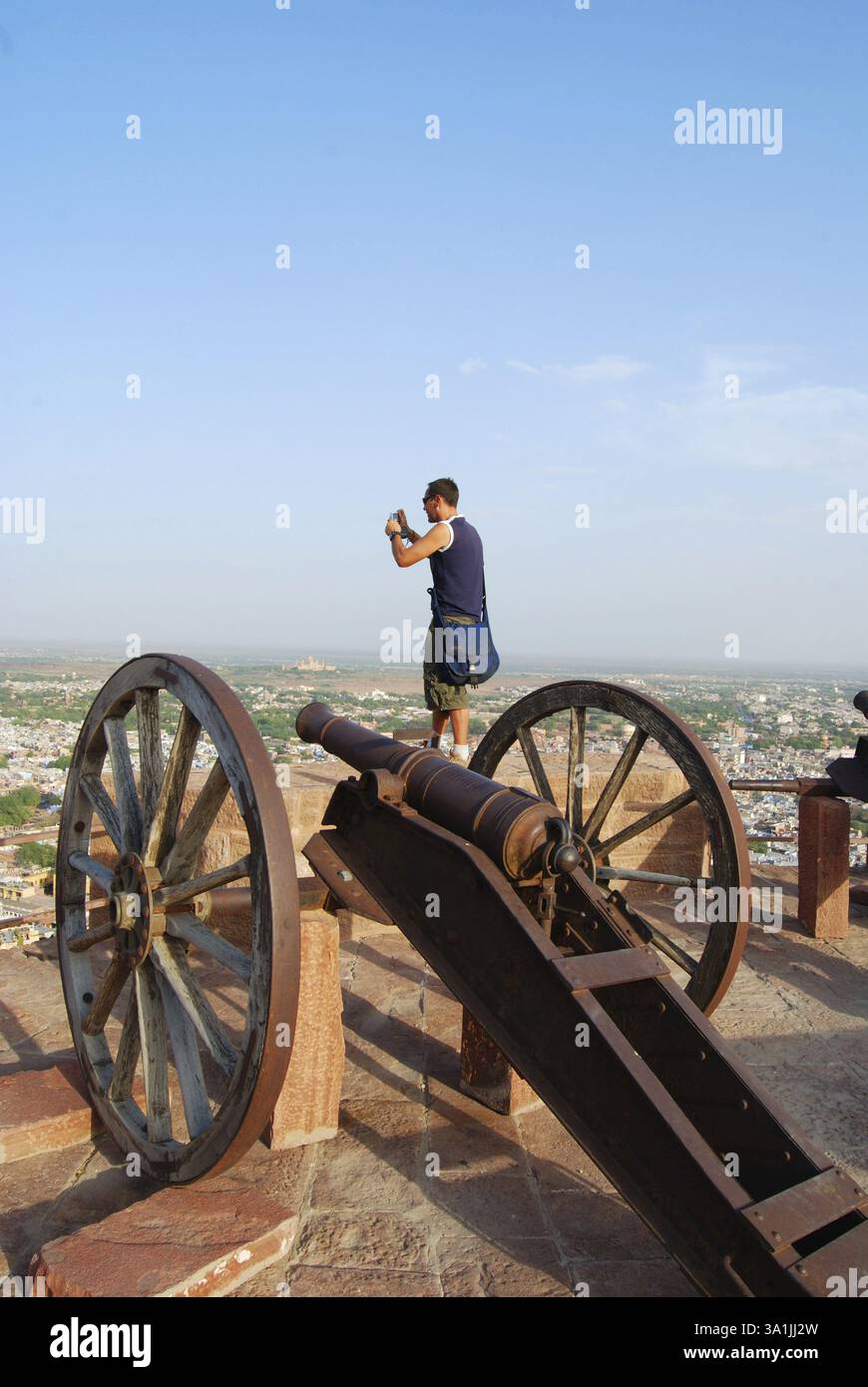 A foreign tourist on the ramp of mehrangarh fort, Jodhpur, Rajasthan ...