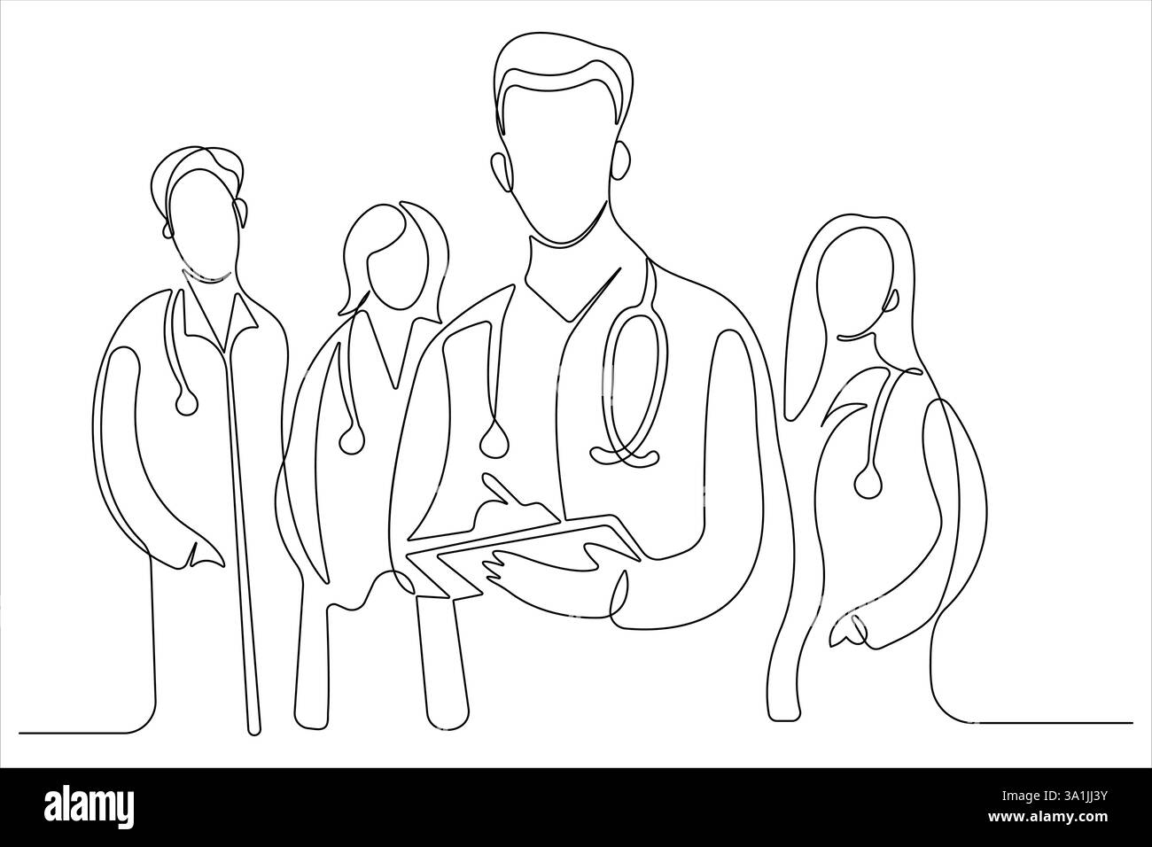 Continuous line drawing of doctor and young nurse with medical report ...