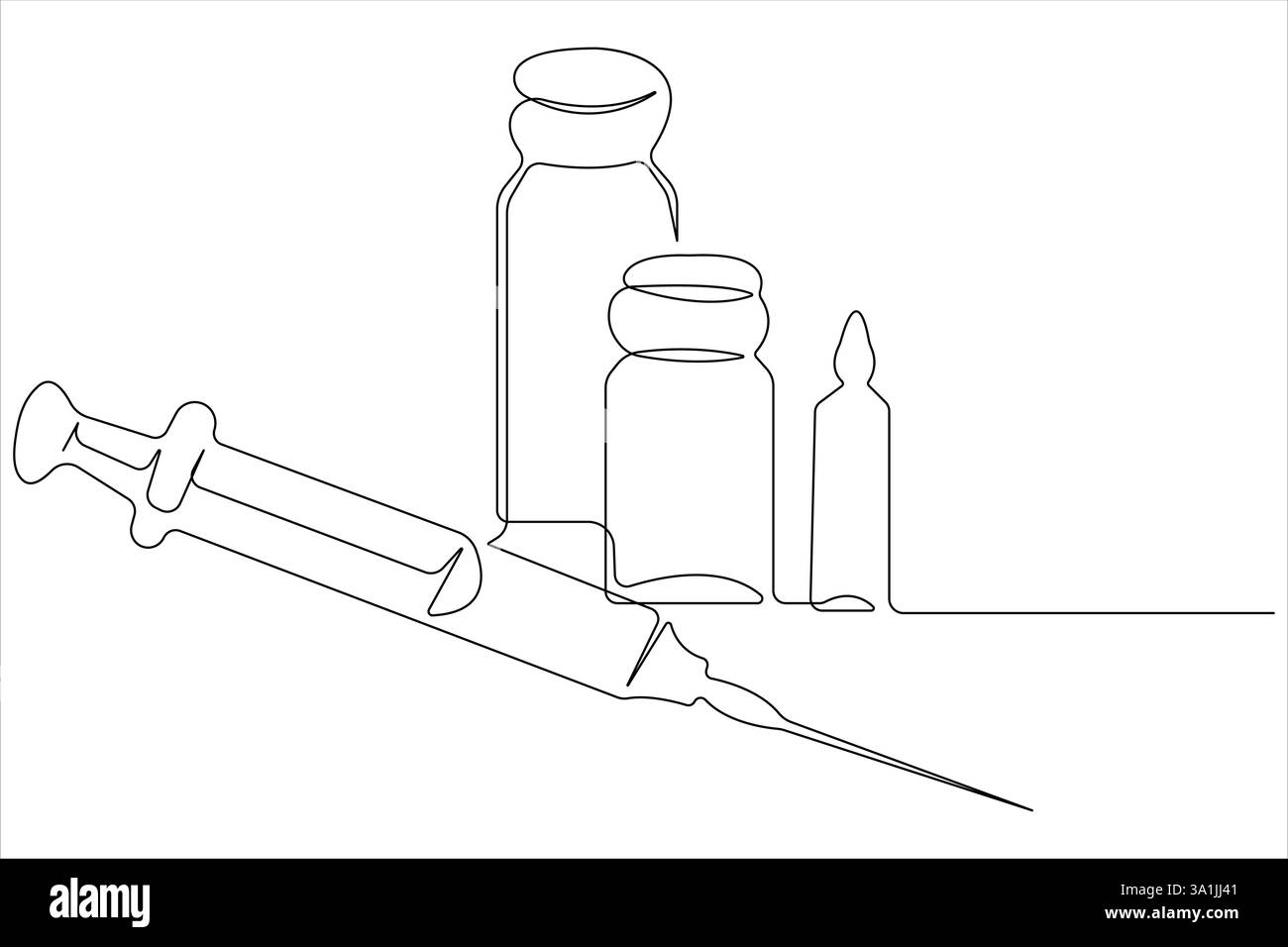 One continuous line drawing of medical disposable plastic syringe with ...