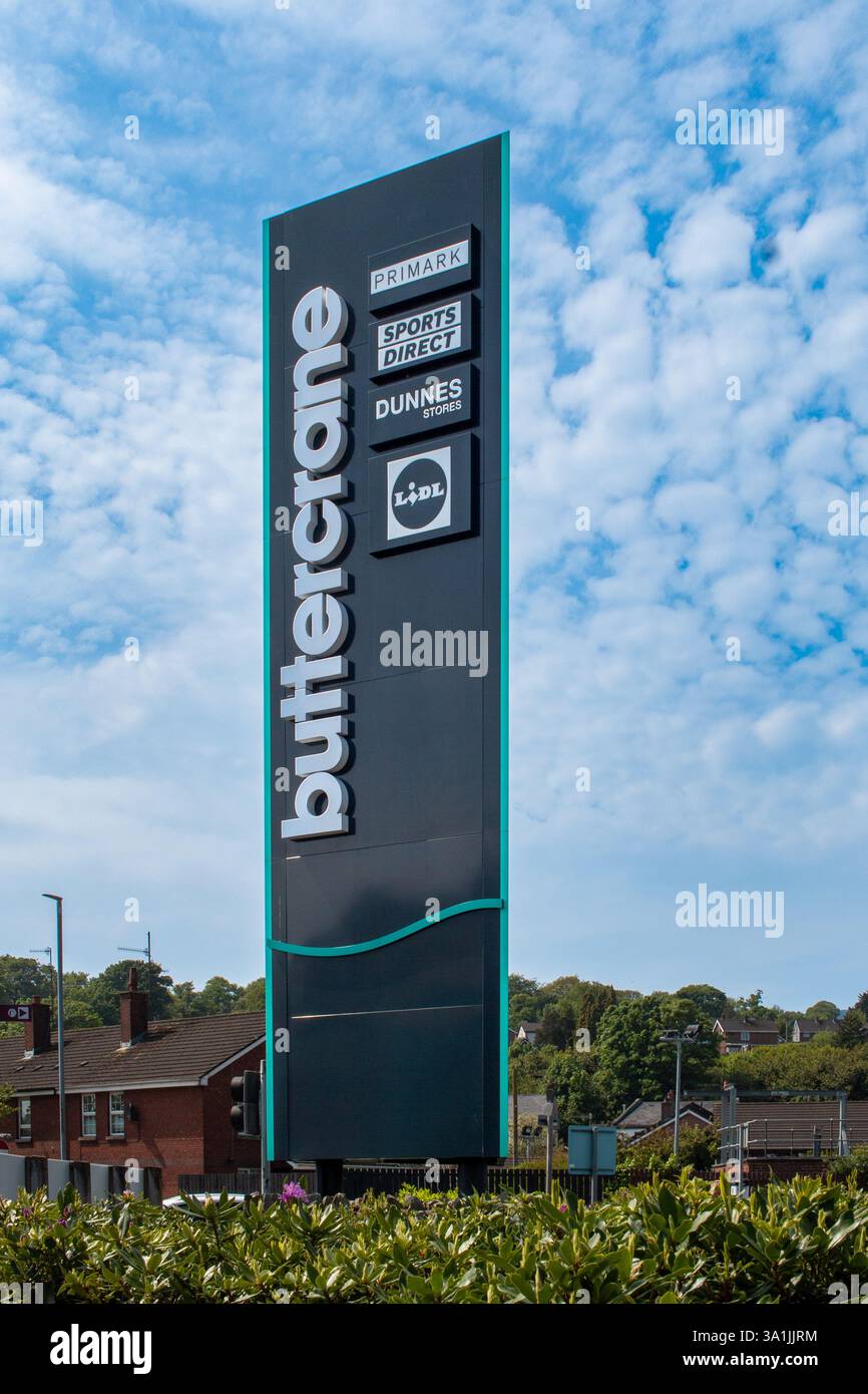 The sign for the Buttercrane shopping centre in Newry, County Down ...