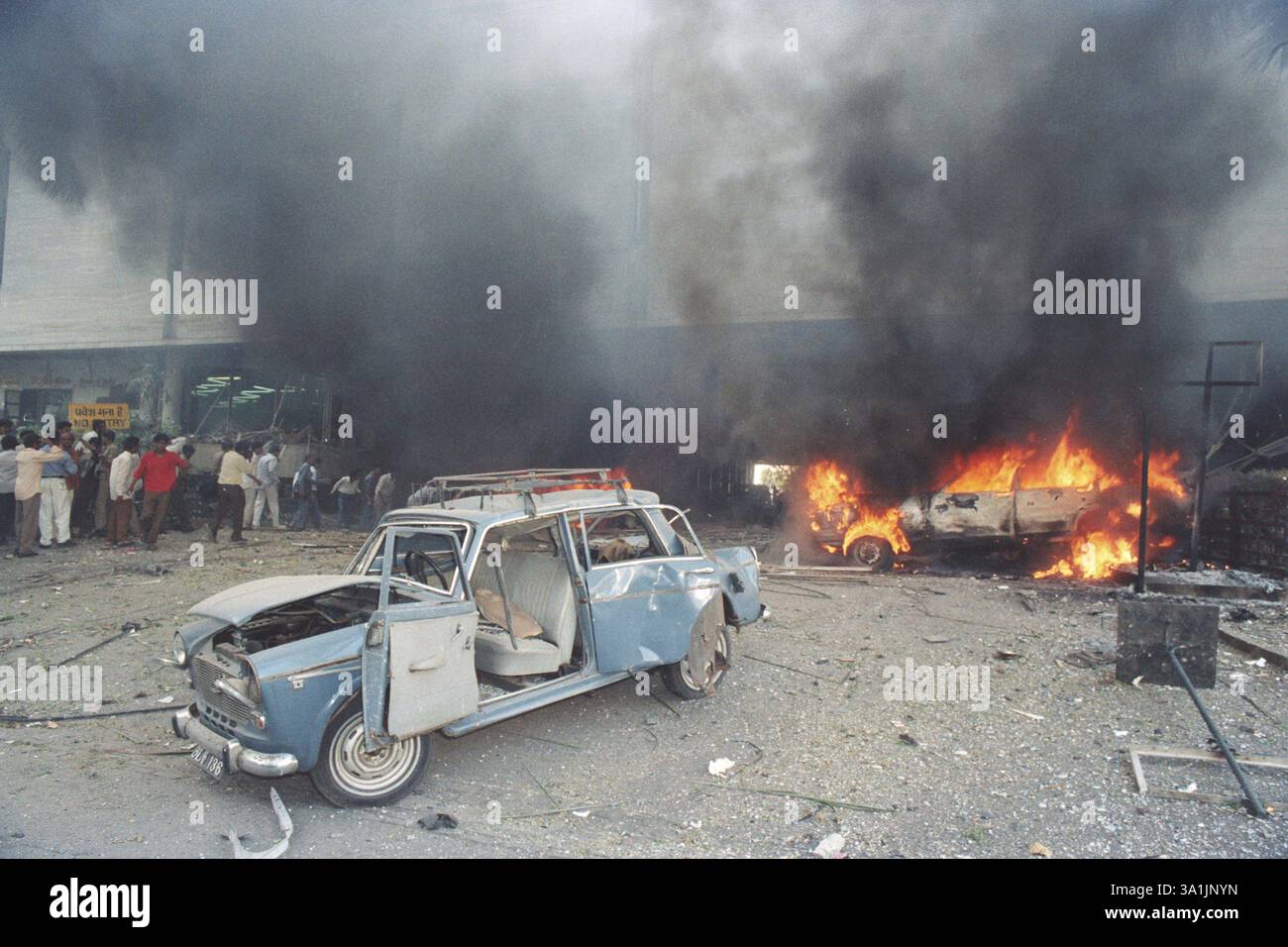 Cars burning in Mumbai bomb blast 93, Bombay Mumbai, Maharashtra, India ...
