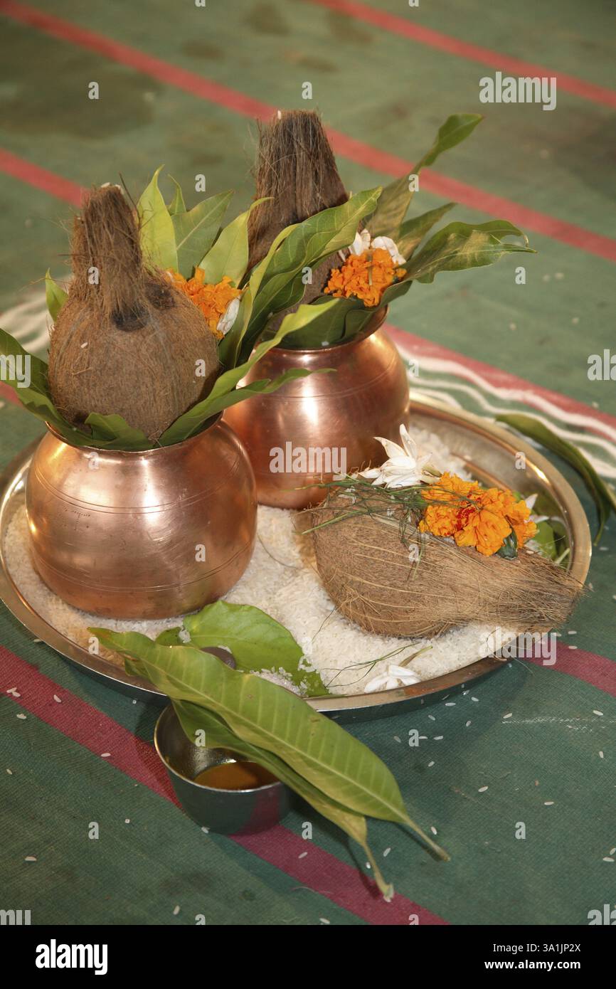 Kalash and pooja materials in wedding ceremony Stock Photo - Alamy