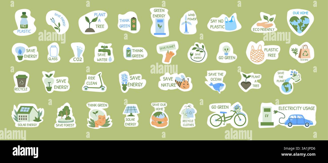 Eco friendly ecology stickers set of planet earth, solar and wind ...