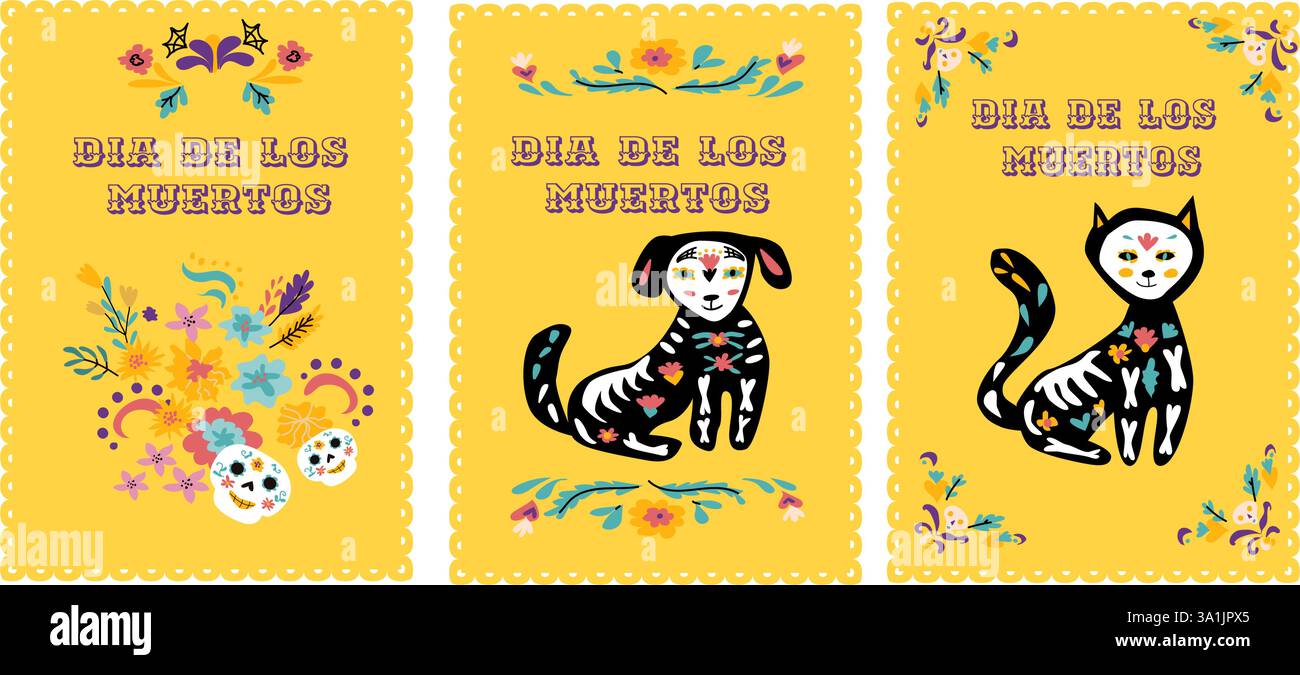 Mexican Death Day banners or posters. Dia de los muertos greeting card. Sugar skull, tatoo pets ...