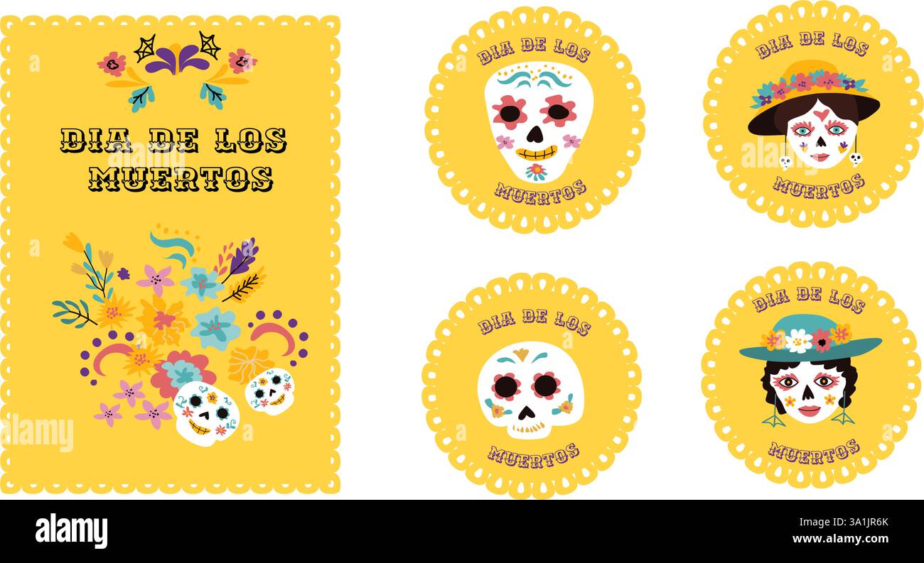 Mexican Death Day banners or posters. Dia de los muertos greeting card. Sugar skull, tatoo pets ...