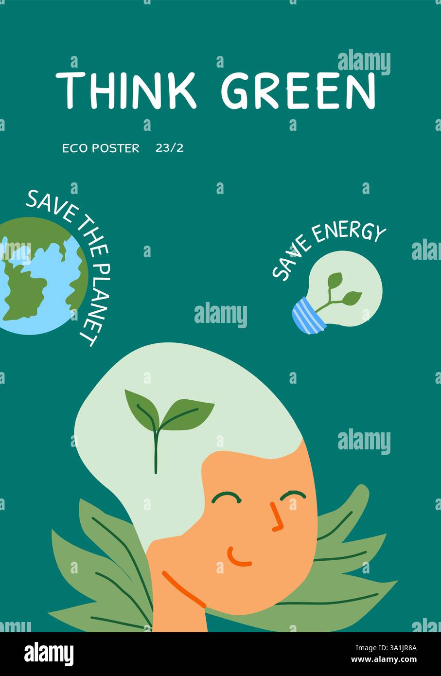 Think green: inspirational eco poster promoting environmental awareness and energy conservation ...