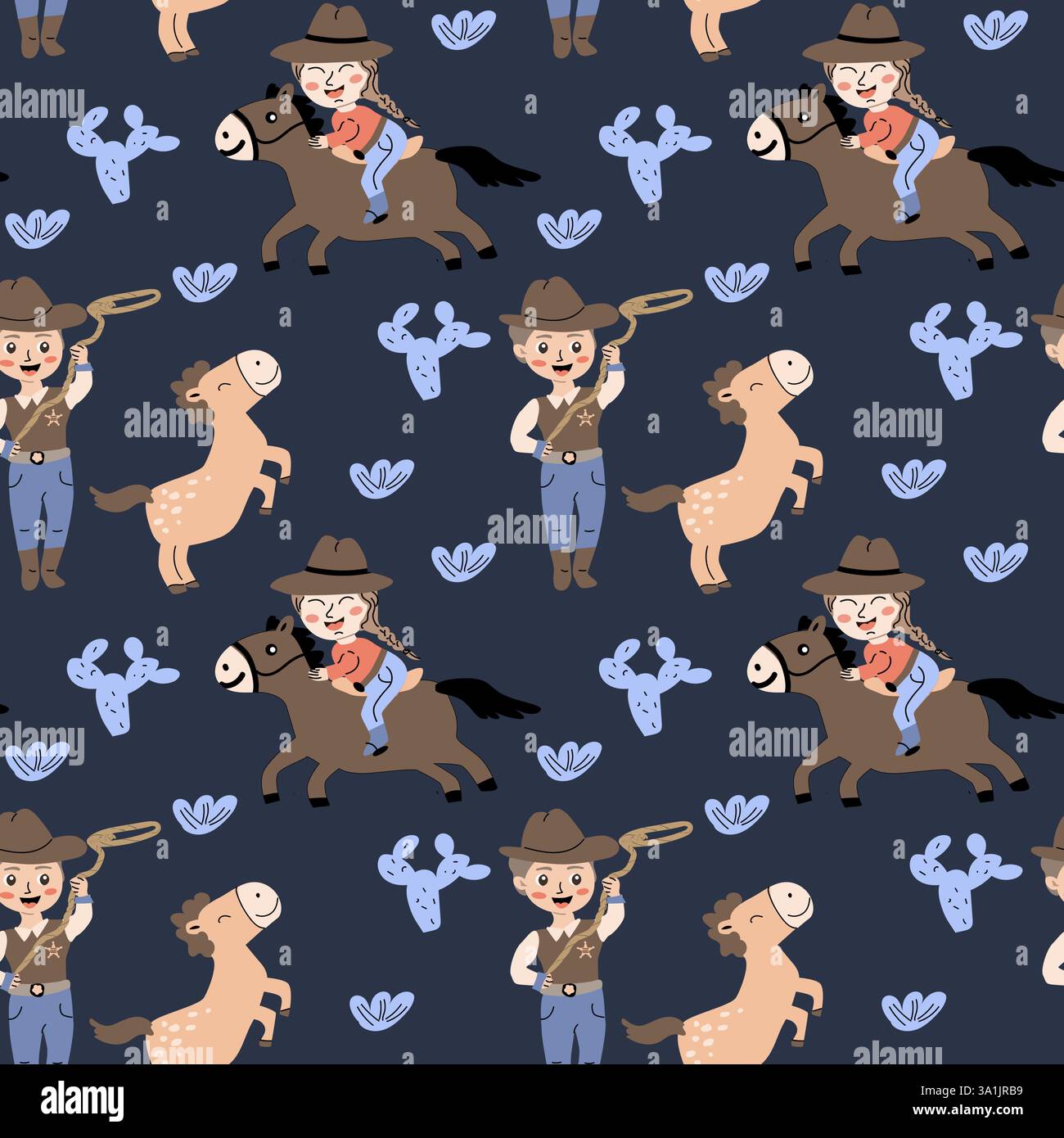 Playful cowboy and horse pattern for children's design and decor Stock ...