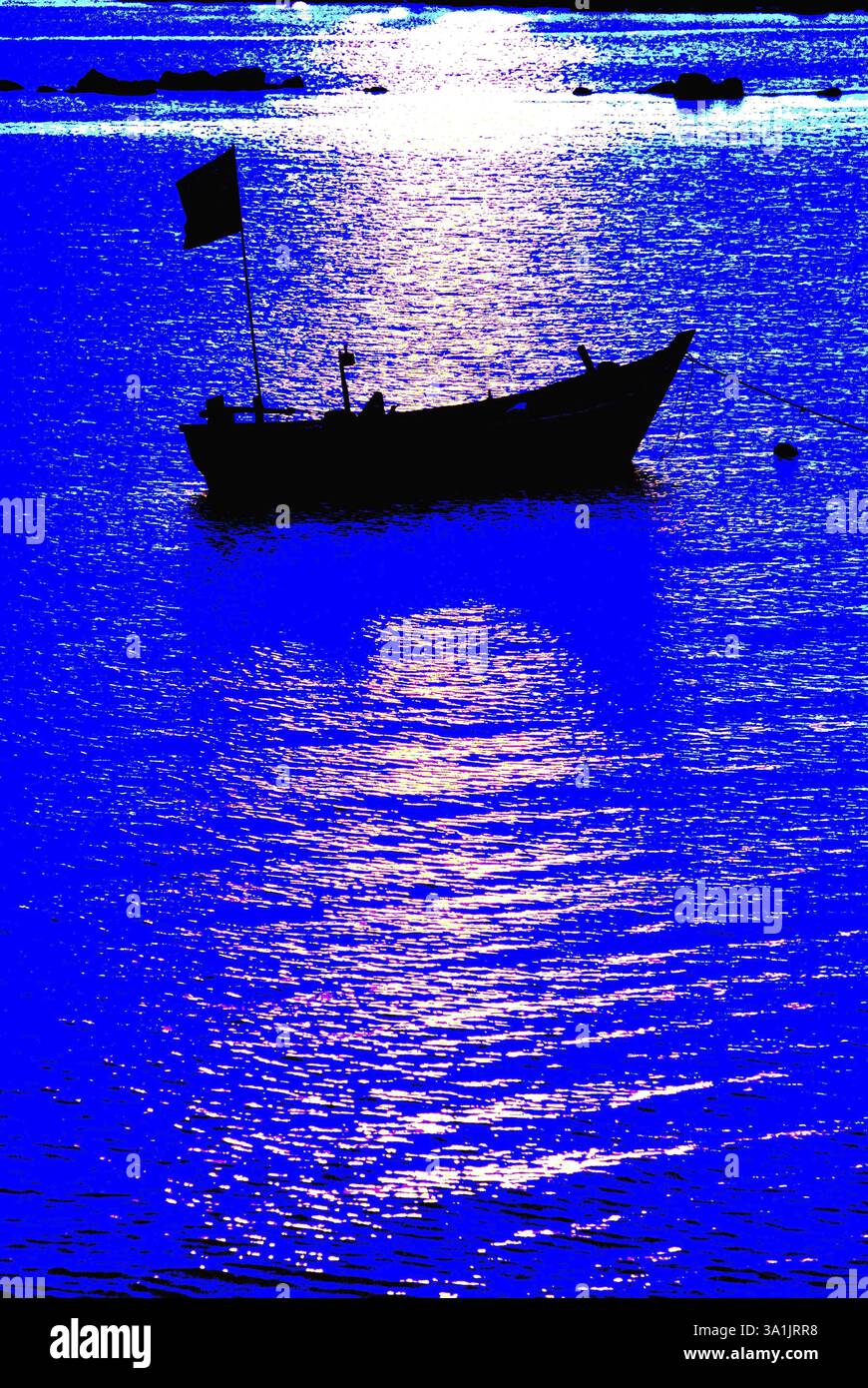 Sparkling water of sea at Sunset with small country fishing boat at ...