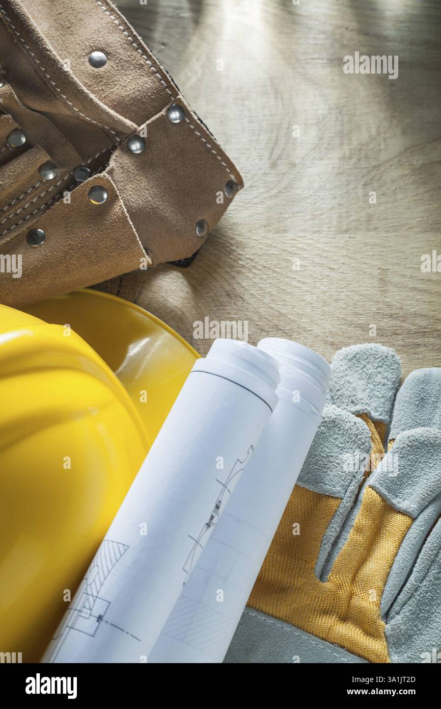 Leather building belt construction drawings safety gloves hard hat ...