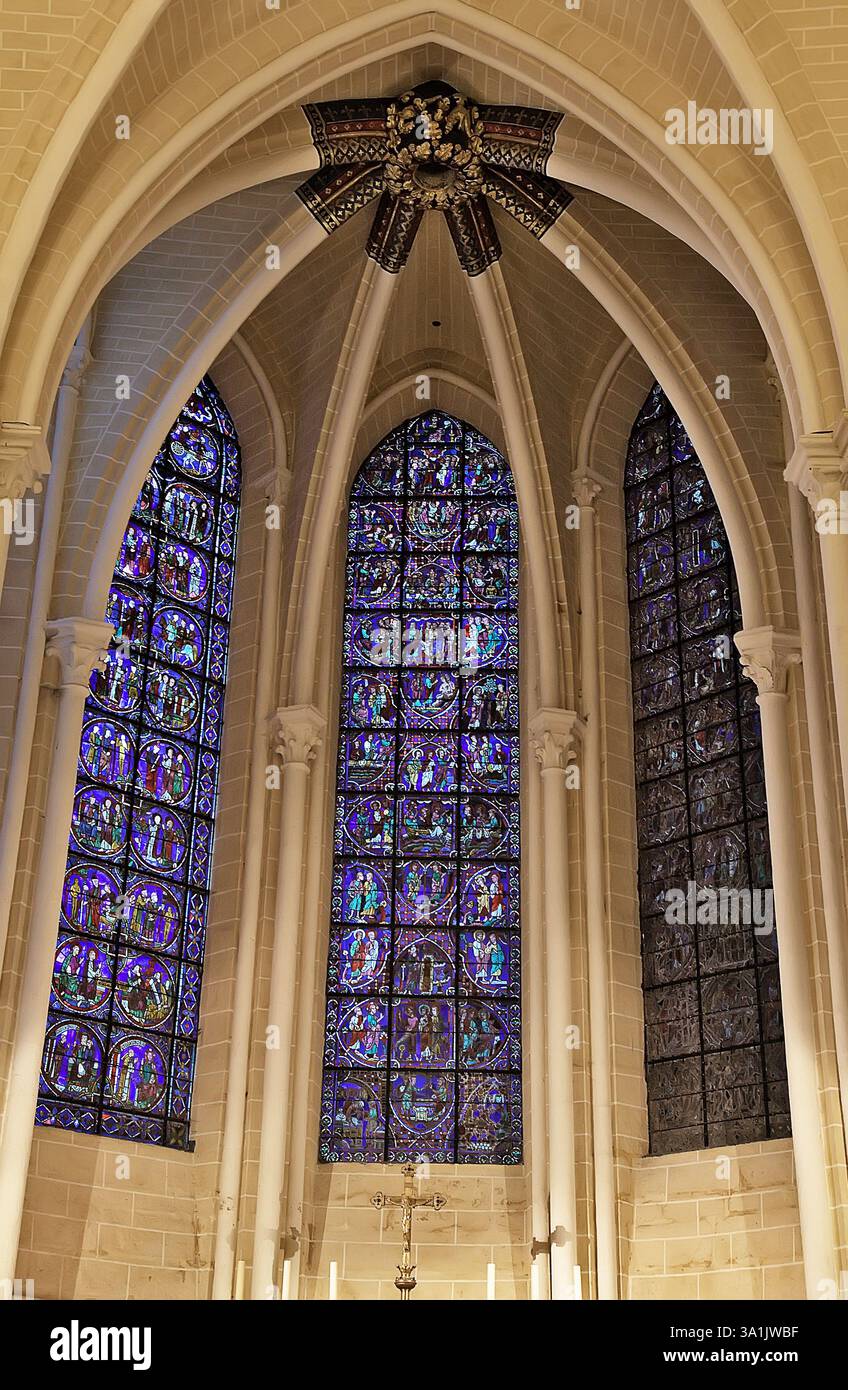 Vibrant stained glass windows showcase intricate designs and colors, illuminating the sacred ...