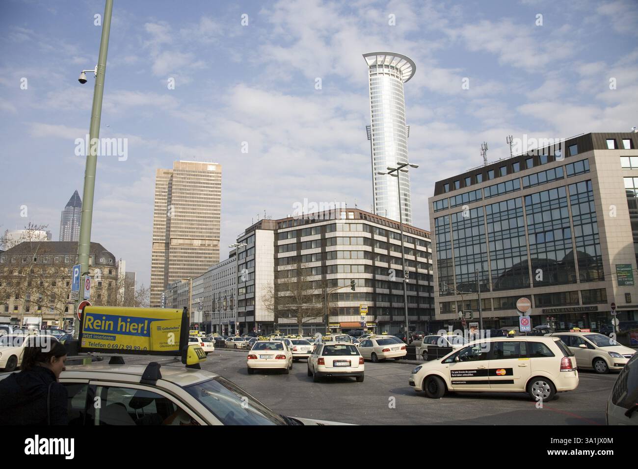 Urban living space building and taxi outside, DB Hauptbahnhof main ...