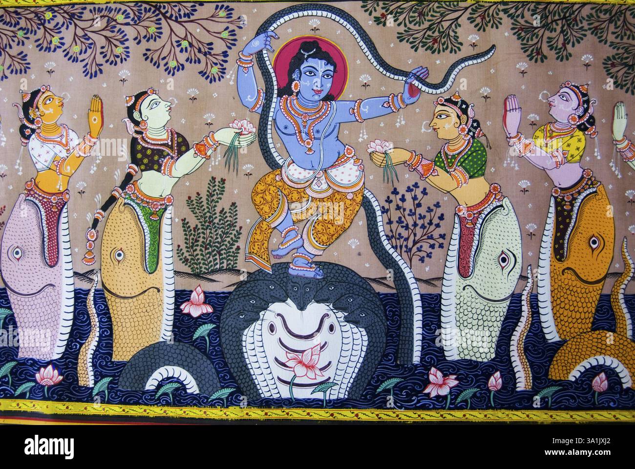Traditional patta painting depicts Hindu god Krishna subduing Kaliya ...