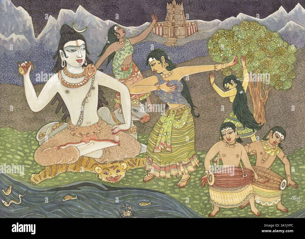 Himalaya, tiger skin, mountain stream, yoga, nandi, cosmic rhythm, drum, devotees, mridanga ...
