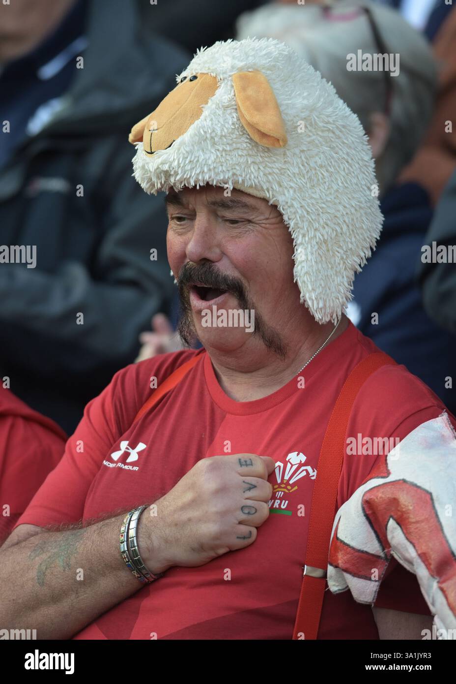 Edinburgh, Scotland, 8th March 2025. A Welsh fan during the Six Nations ...