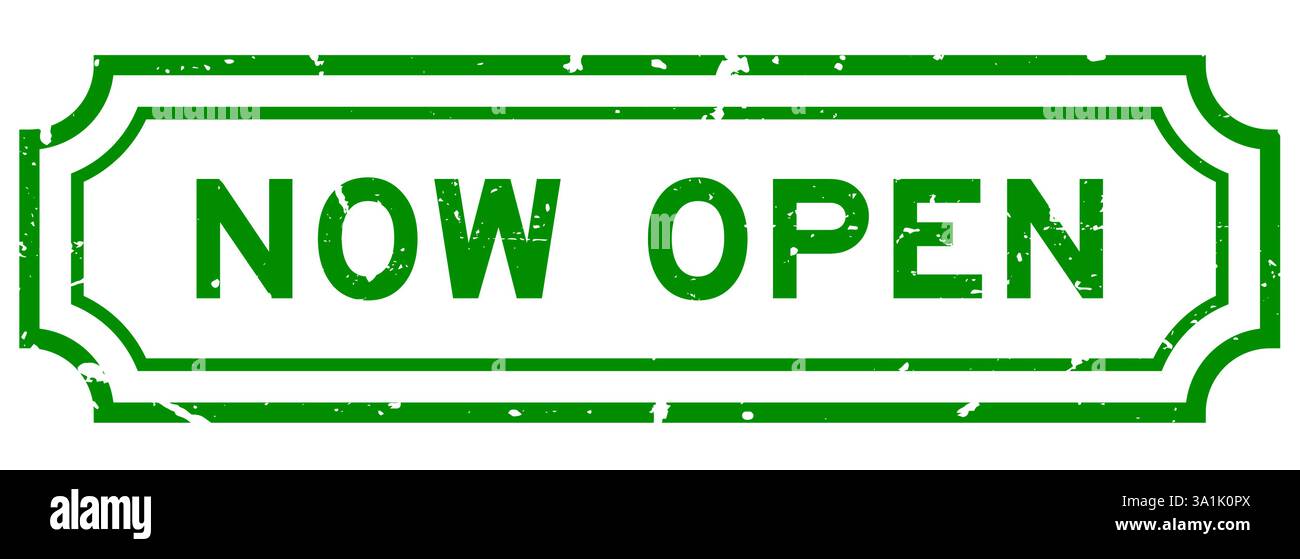 Grunge green now open word rubber seal stamp on white background Stock ...