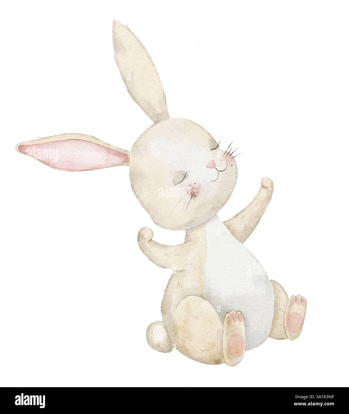 Watercolor illustration of a joyful, smiling Bunny sitting playfully in ...
