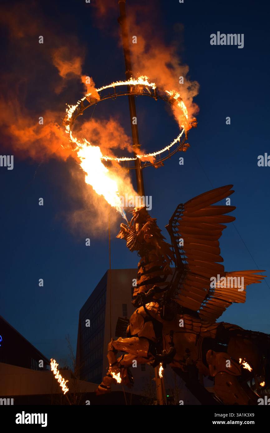 The fire-breathing robot dragon from La Machine in Toulouse roars as it ...