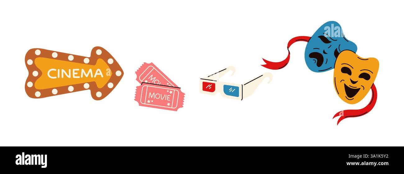 Illustration of a collection of cinema-themed movie icons, including a ...