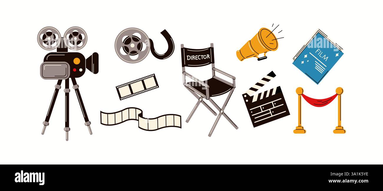 Illustration featuring essential filmmaking tools including a vintage ...