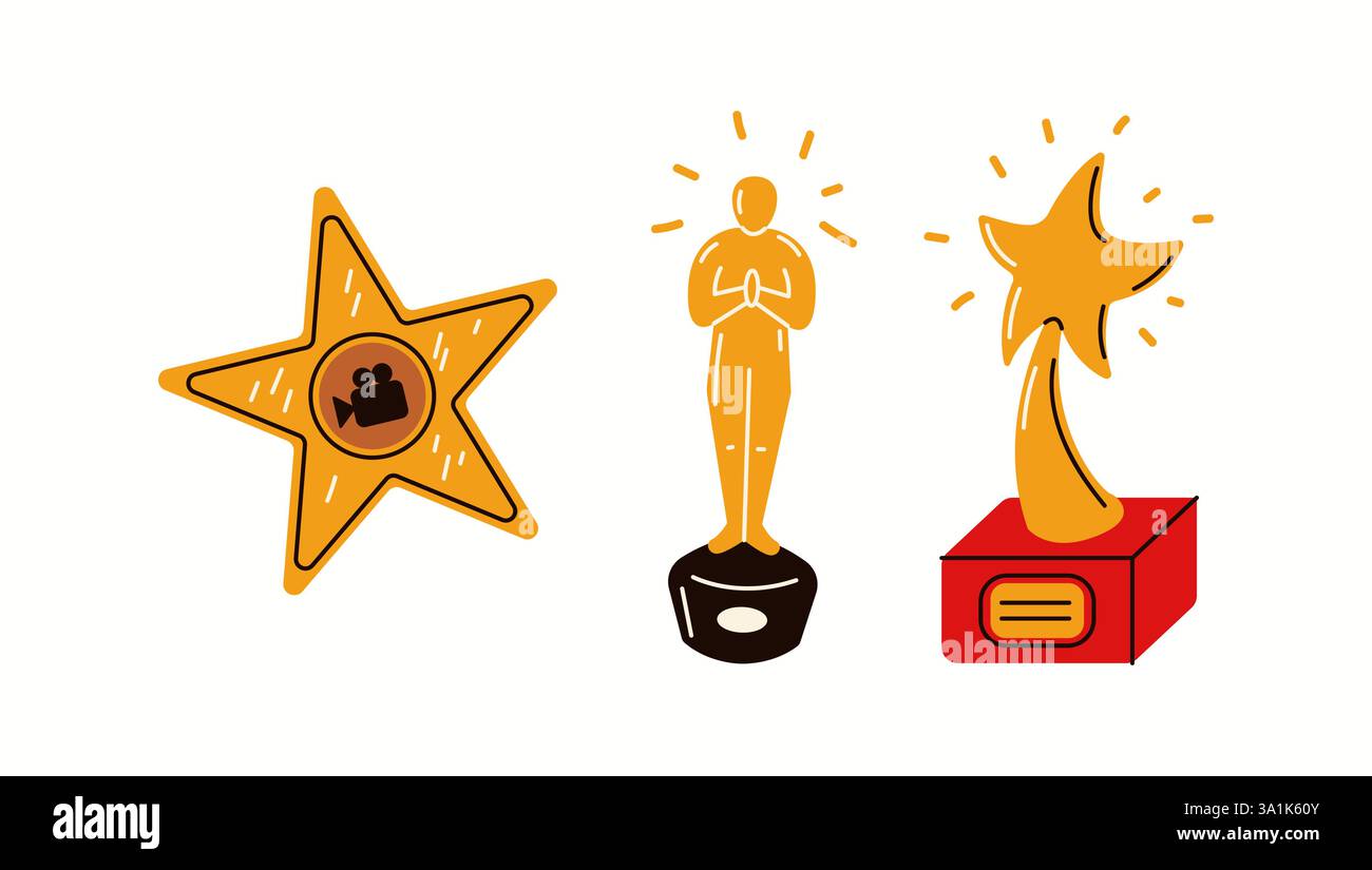 Flat illustration featuring a Hollywood-style star, a golden trophy ...