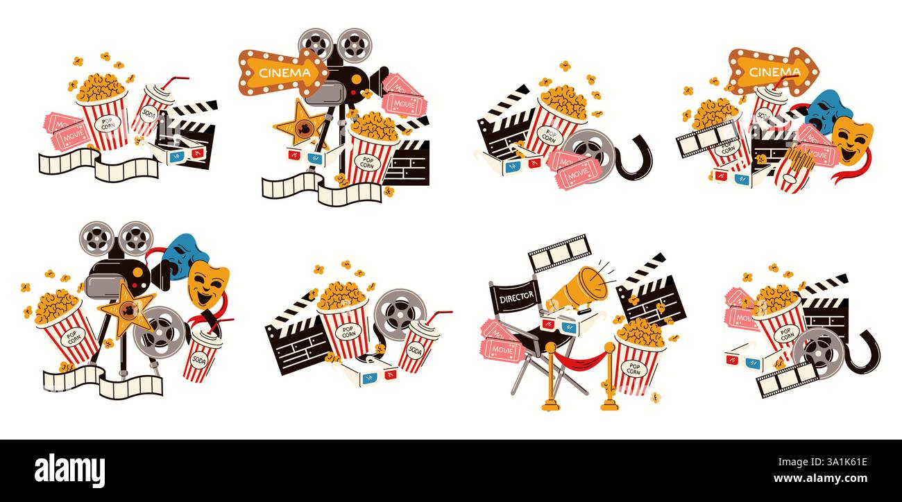 Illustration featuring all elements of a perfect movie night, including ...