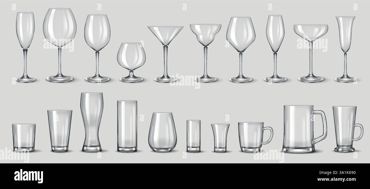 Realistic 3D illustration of a complete collection of transparent ...