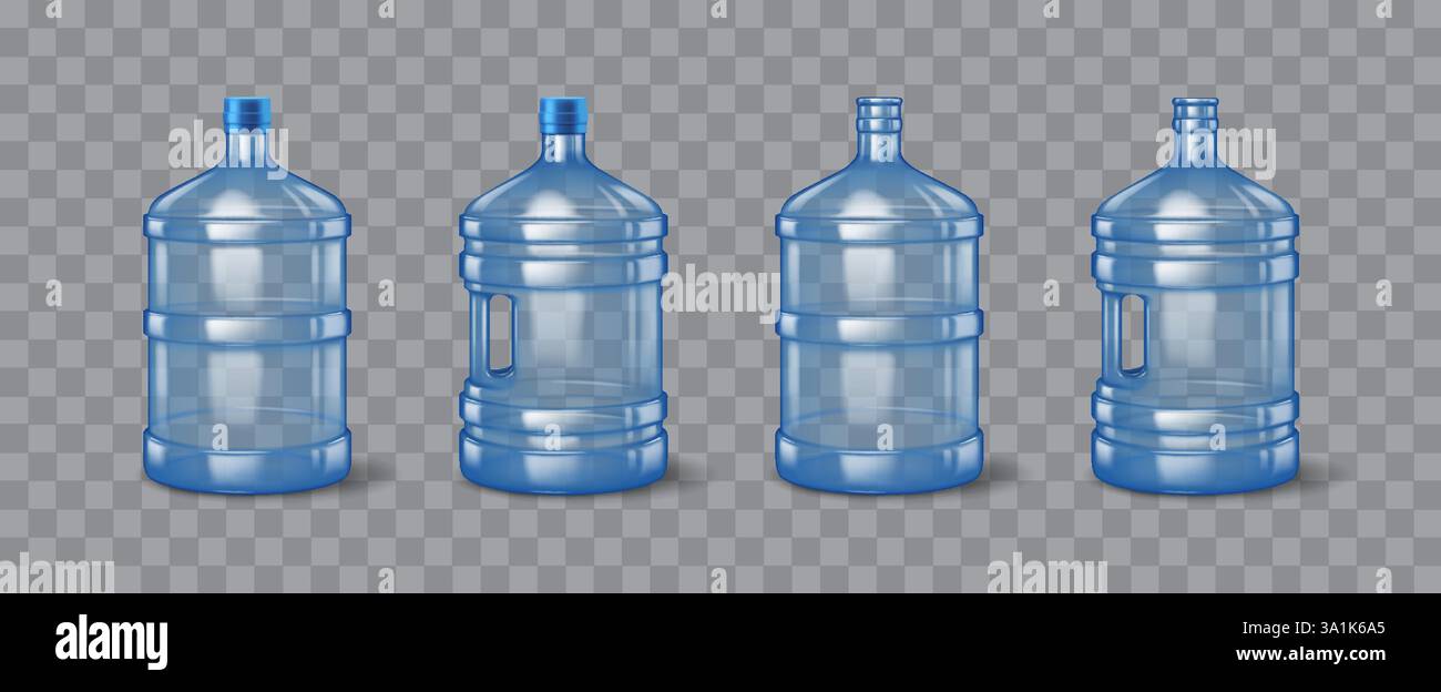 A collection of four large blue water bottles arranged in a row against ...