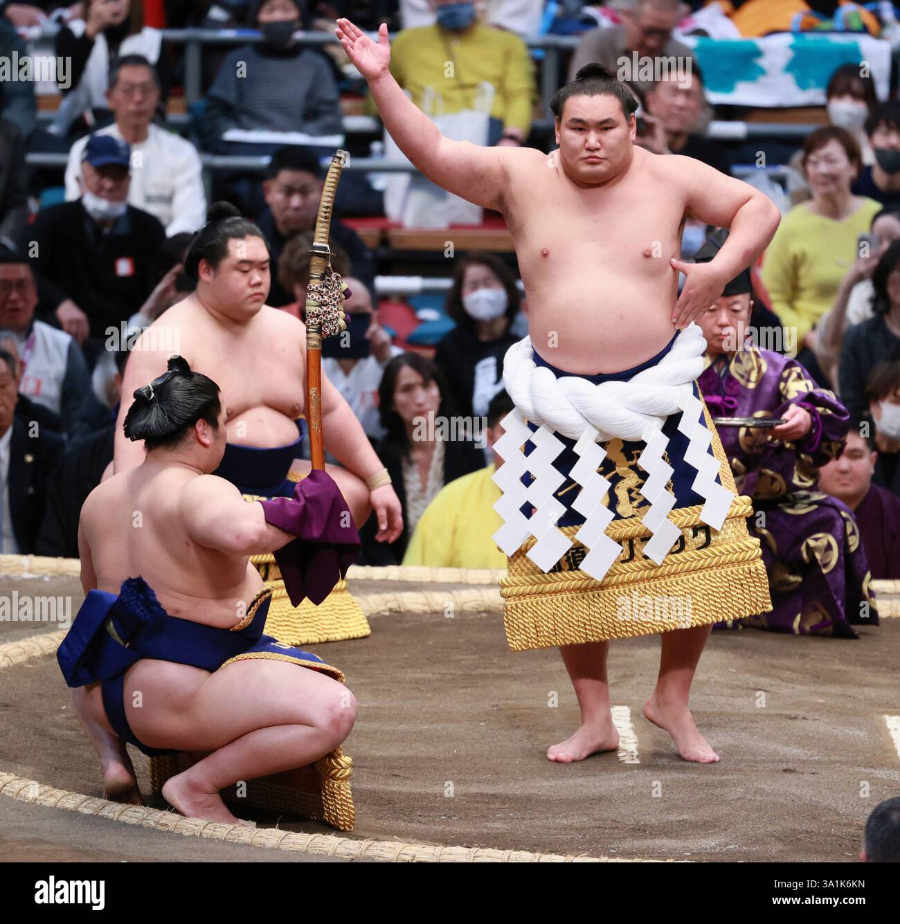 Highest rank Sumo Wrestler, Yokozuna Hoshoryu (R) performs the ring ...