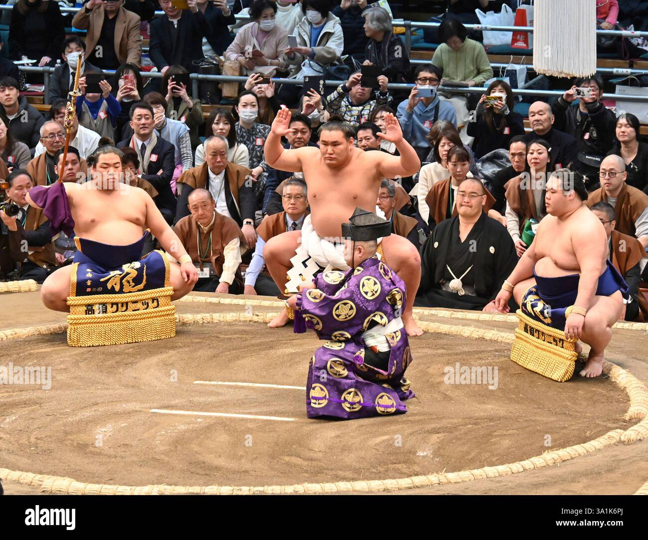 Highest rank Sumo Wrestler, Yokozuna Hoshoryu (C) performs the ring ...