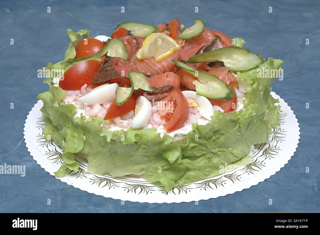 Food, Smorgastarta Smoked salmon and prawns (Sandwich cake A ...