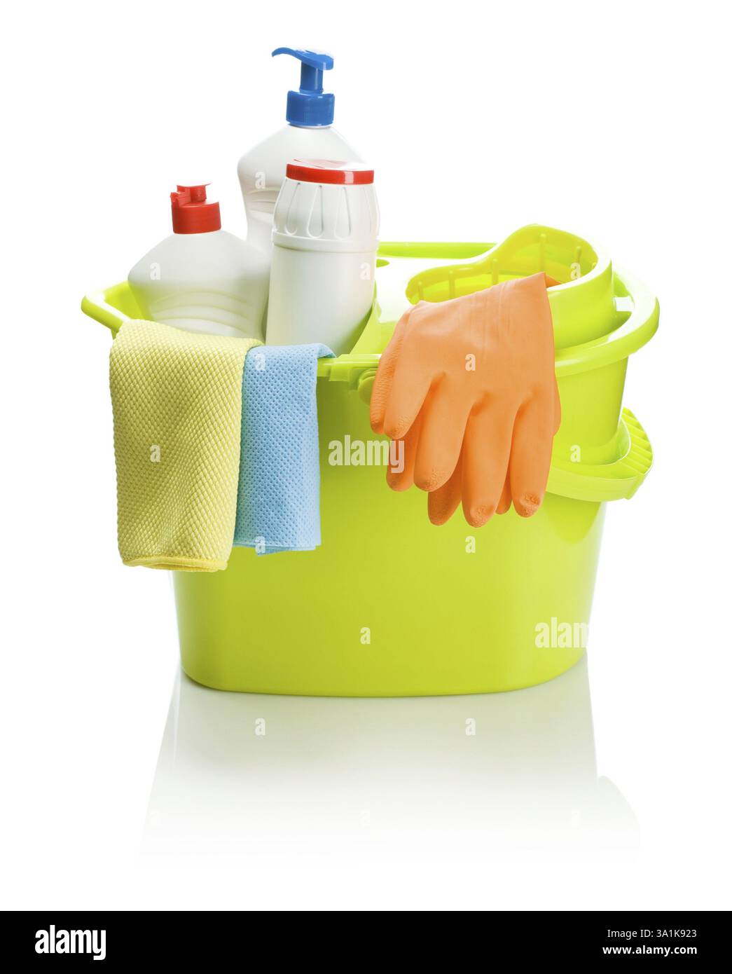 Green bucket with cleaning accessories Stock Photo - Alamy