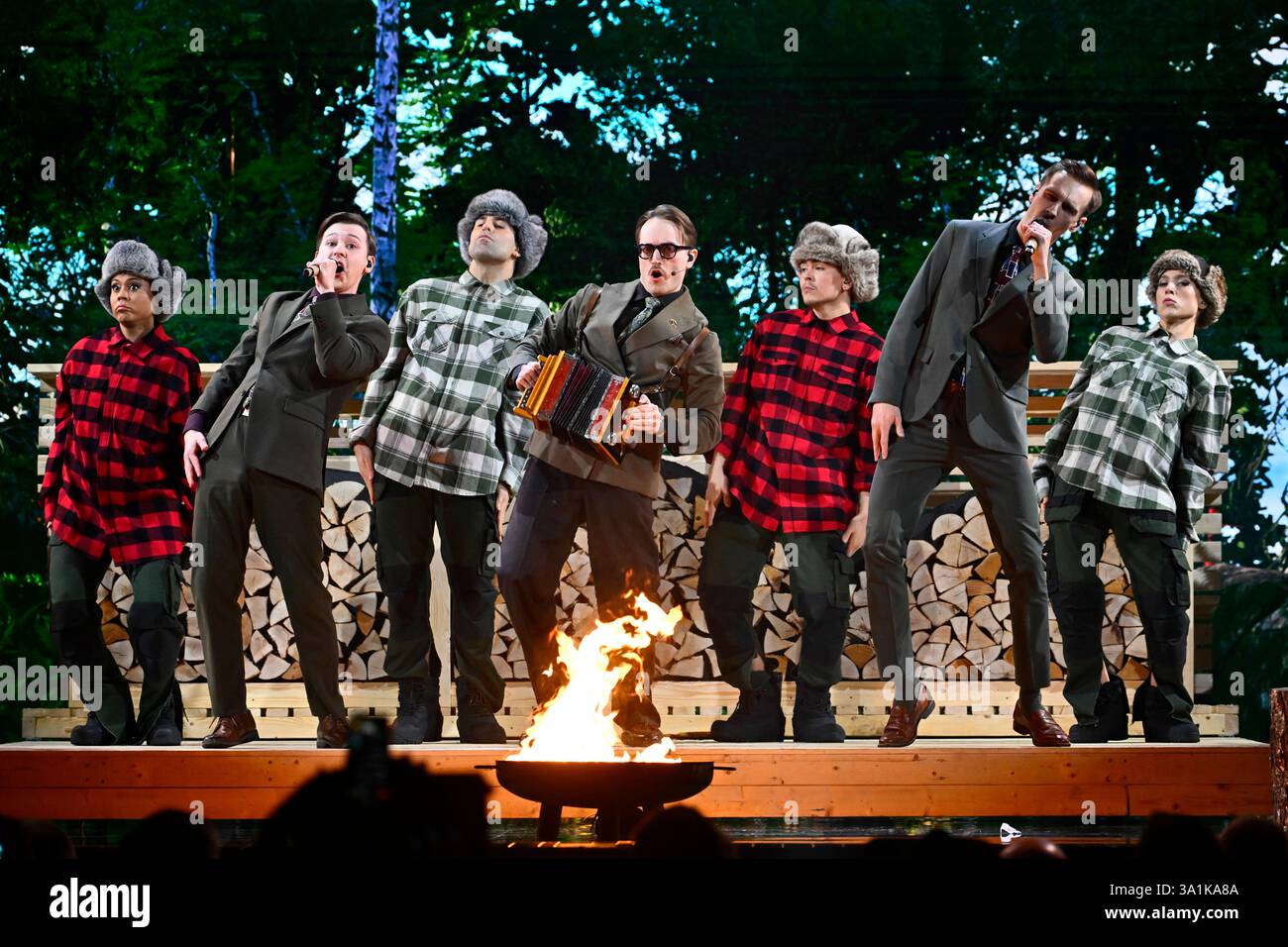 The music group KAJ performs the song 'Bara bada bastu' during the final of the Melodifestivalen ...