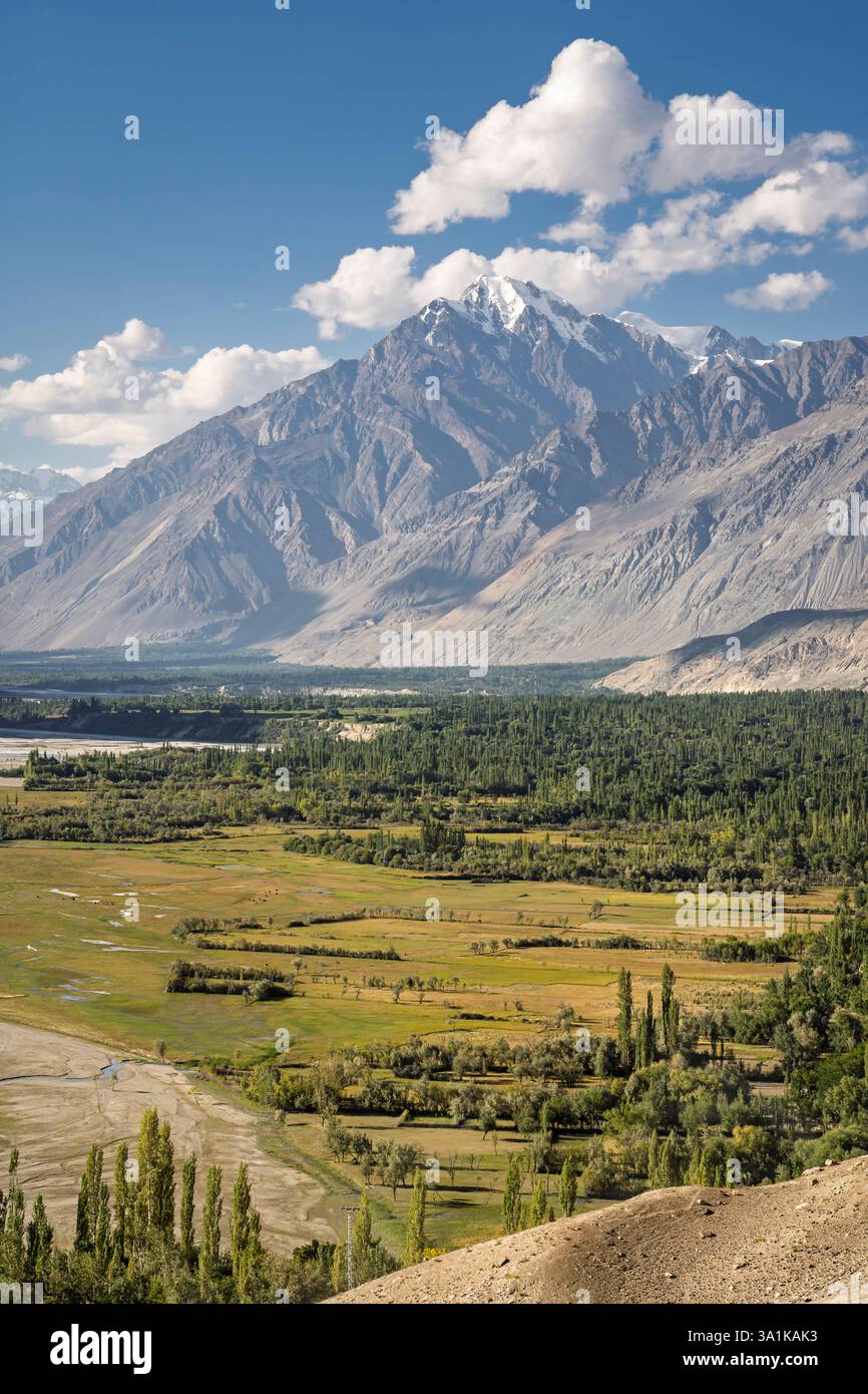 Vertical rural landscape view of Shigar river valley in Karakoram ...