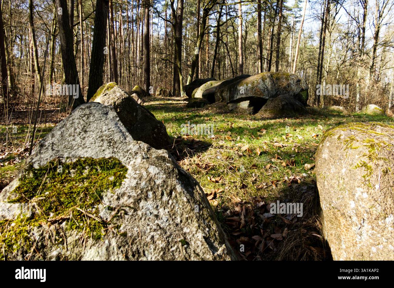View of a 5,000-year-old burial mound made of large glacial boulders in ...