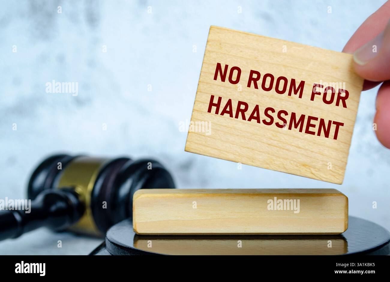 No room for harassment text written on wooden board with lawyer gavel ...