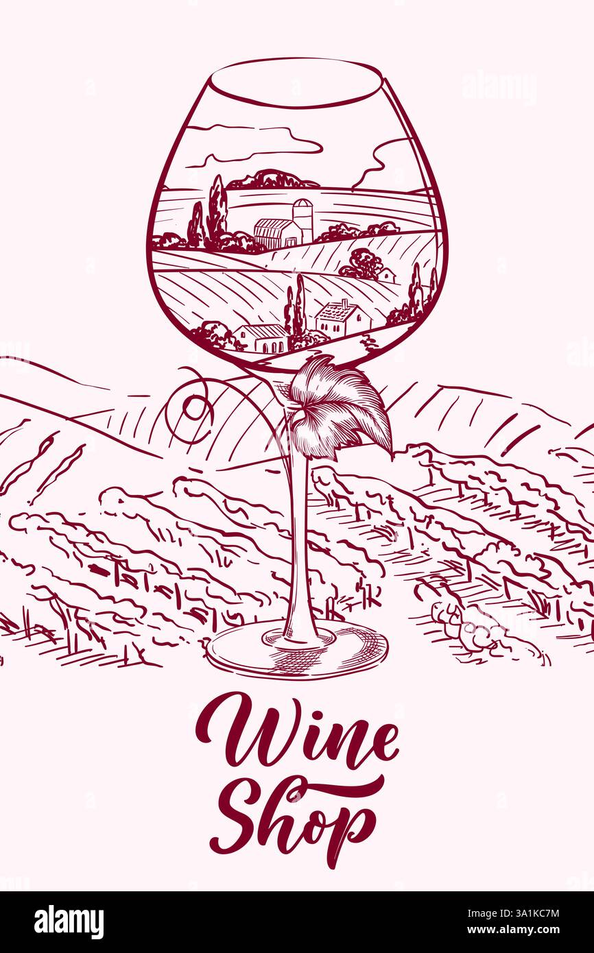 Wine glass with Tuscany landscape and vineyard fields. Hand-drawn vector sketch illustration ...