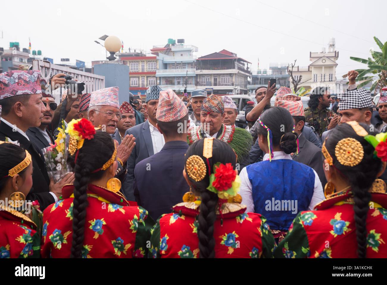 March 9, 2025, Pokhara, Gandaki, Nepal: Former King Gyanendra is seen surrounded by supporters ...