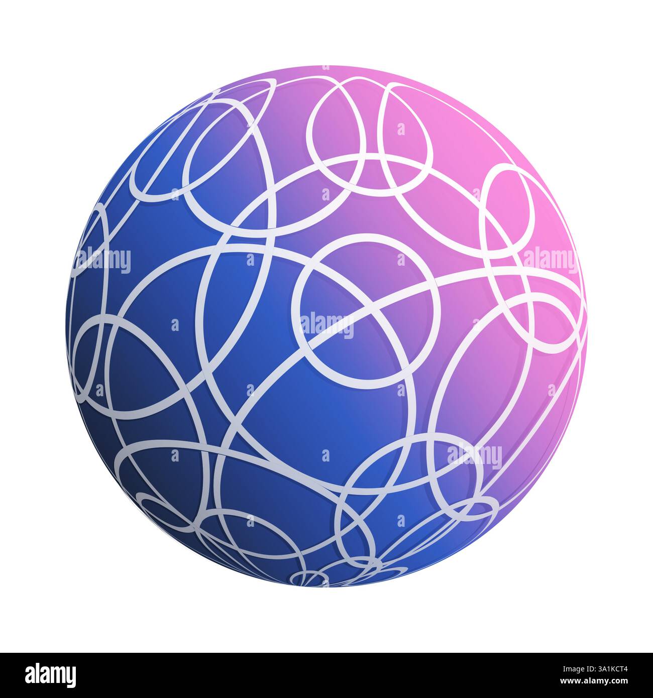 Abstract glowing purple sphere of tangled curvy, circular white lines ...