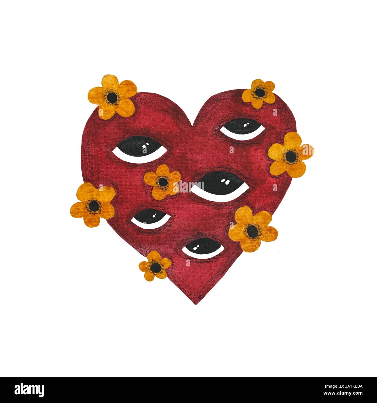 Watercolor hand-drawn red heart with all seeing eye surrounded by ...