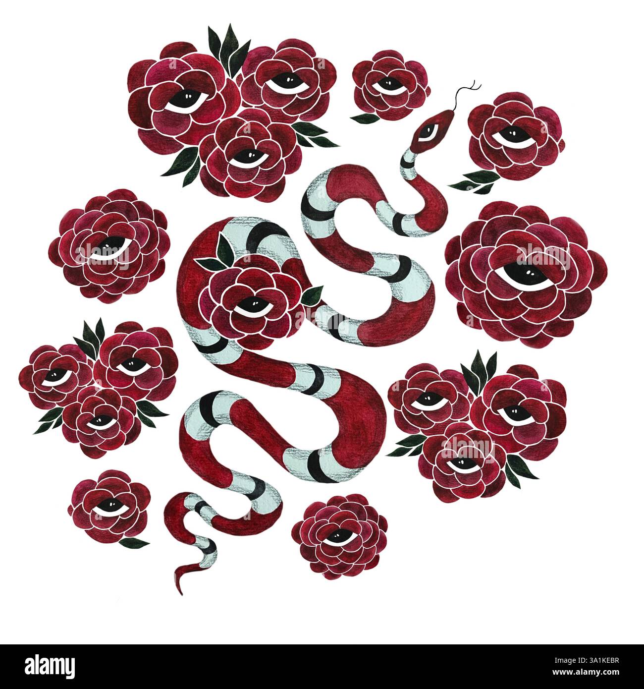 Watercolor set of illustration of a magic snake with all seeing human ...