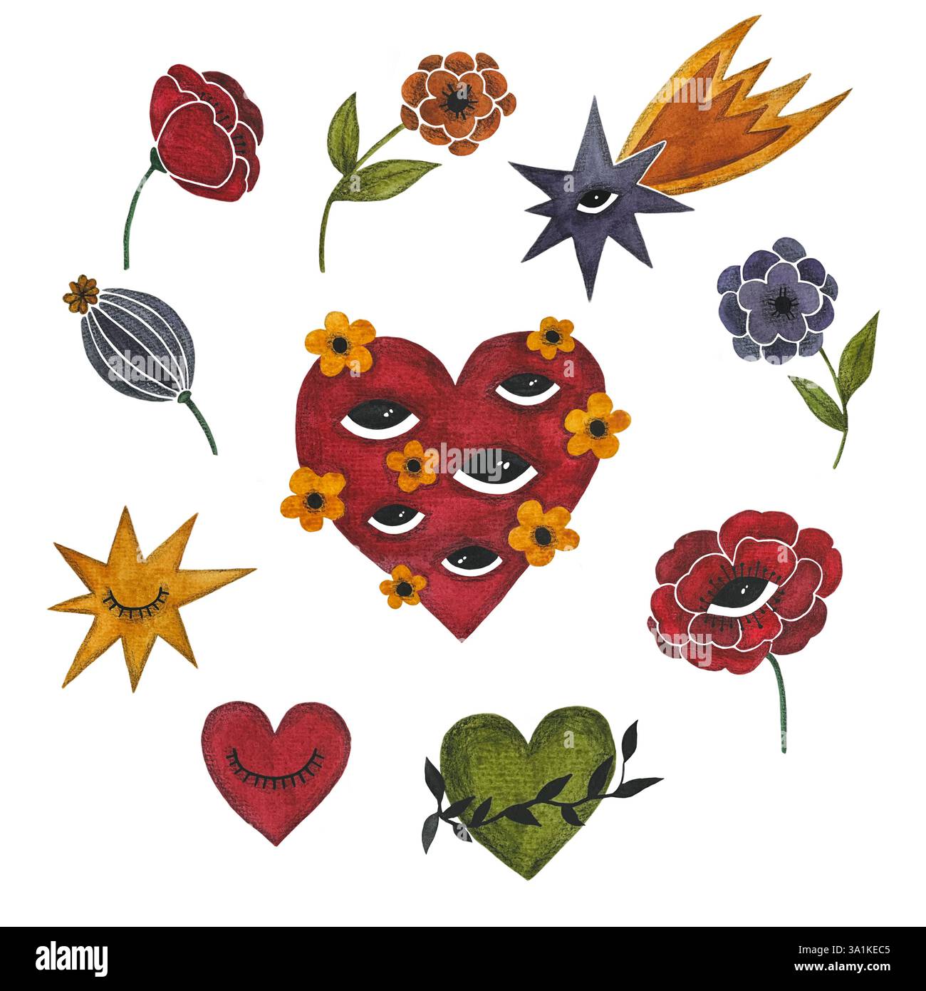 Watercolor set of magical illustration with all seeing human eye, star ...