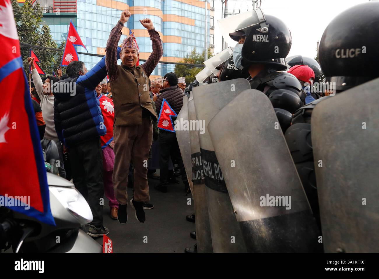 Kathmandu, Nepal. 9th Mar, 2025. People wait for the arrival of Nepal's former King Gyanendra ...